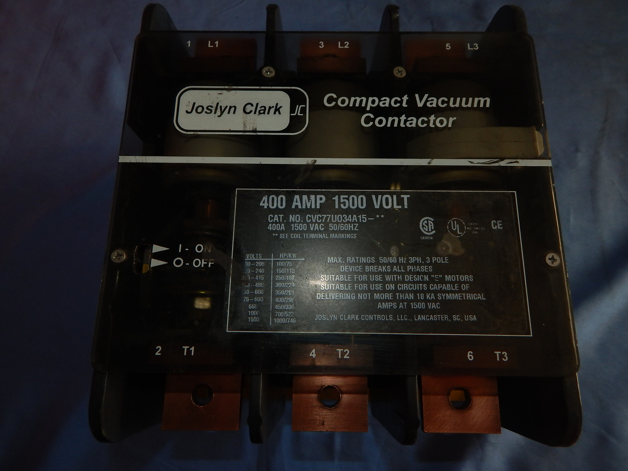 JOSLYN CLARK Compact Vacuum Contactor 400 Amp CVC77U034 1500 V.AC good ...
