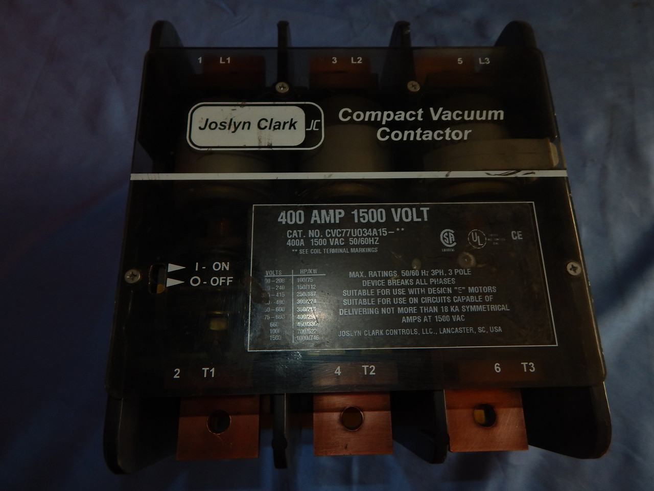 JOSLYN CLARK Compact Vacuum Contactor 400 Amp CVC77U034 1500 V.AC good ...