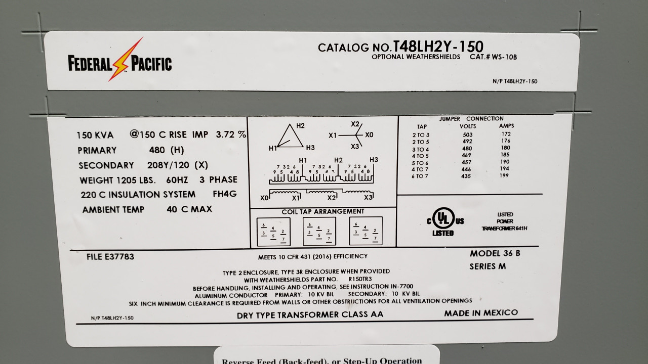 150 KVA 3PH 480 208Y120 TRANSFORMER T48LH2Y-150 FPE NEW - SoCal Circuit ...