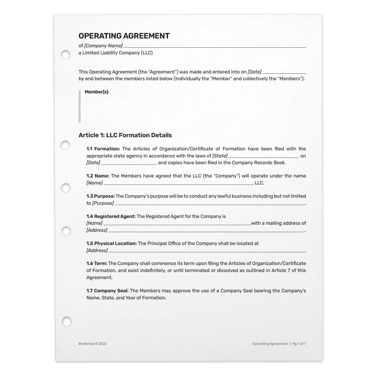 LLC Operating Agreement and Minutes Fillable Templates, Physical ...