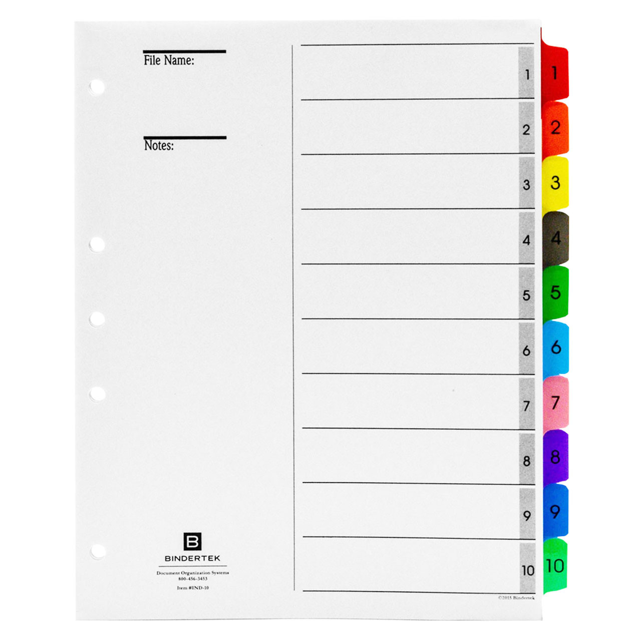Multicolor Numeric Index Tab Dividers, 1-10 Tab Set - Bindertek