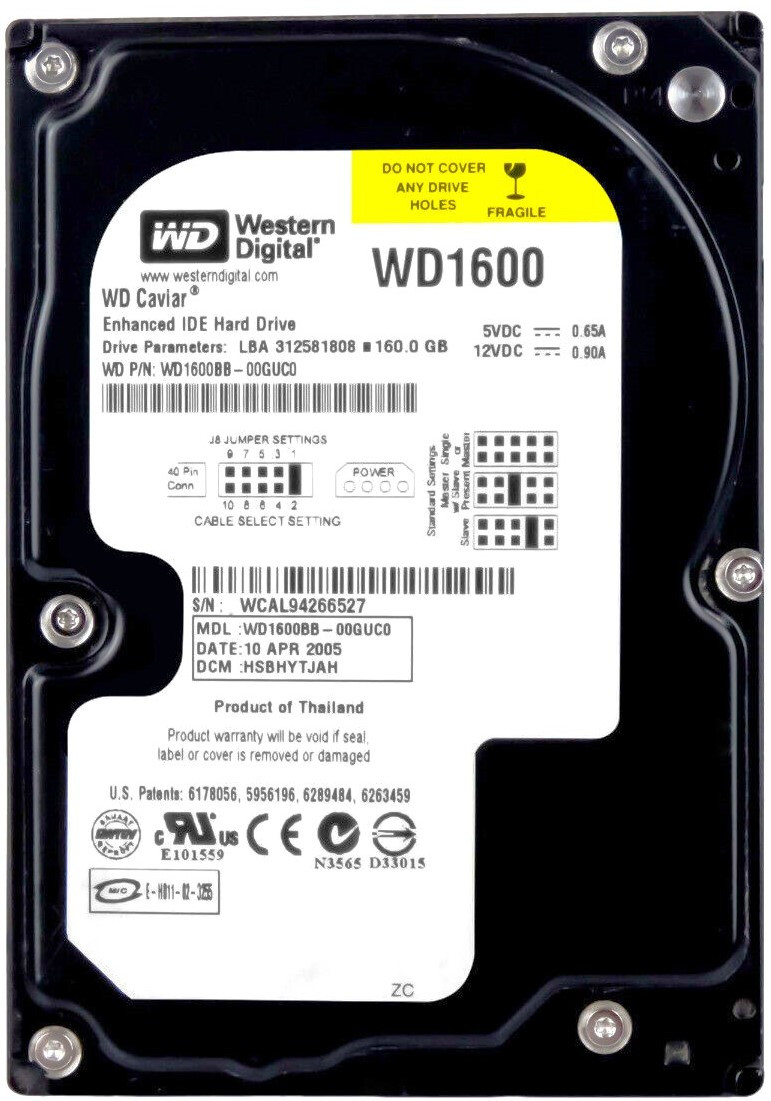 Western Digital WD1600BB-56GUC0 - 160GB 7.2K RPM IDE PATA 3.5" LFF ...
