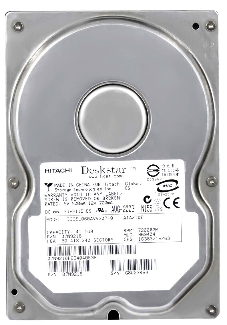 Hitachi IC35L060AVV207-0 - 40GB 7.2K RPM IDE 3.5" Hard Disk Drive (HDD ...