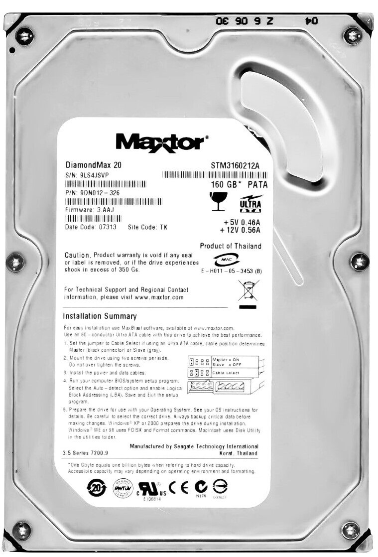 Maxtor YAR41BWO - 160GB 7.2K RPM IDE PATA 3.5" LFF Desktop Hard Drive ...