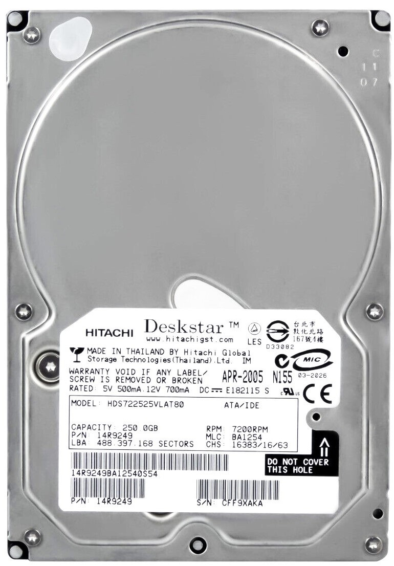 Hitachi HDP725025GLAT80 - 250GB 7.2K RPM IDE EIDE PATA 3.5" LFF Desktop ...