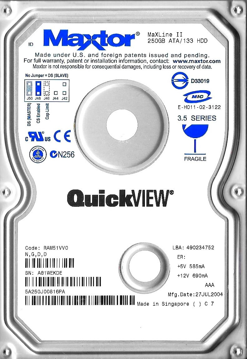 Maxtor 5A250J0 - 250GB 7.2K RPM IDE EIDE PATA 3.5" LFF Desktop Hard ...