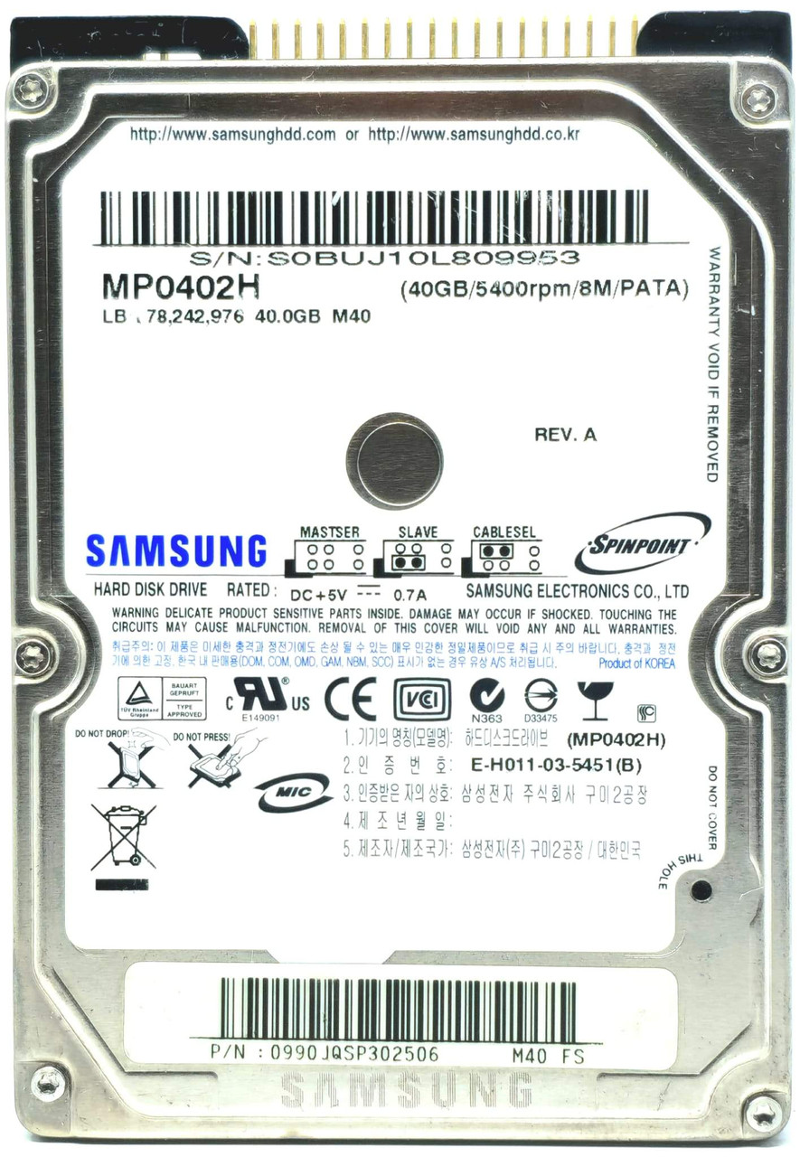 Samsung MP0402H/DOM - 40GB 5.4K RPM IDE PATA ATA 2.5" Laptop Hard Drive ...