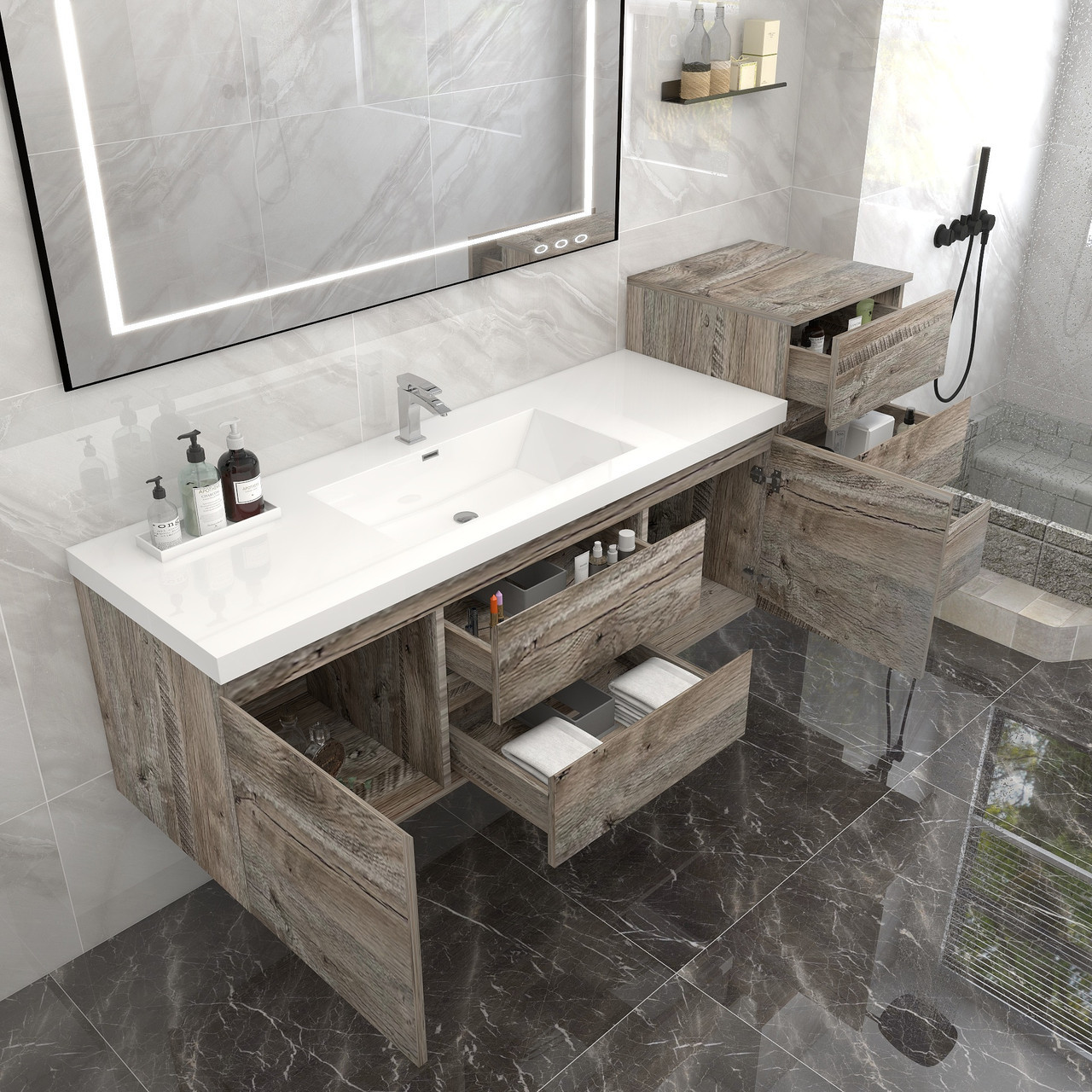 BOW 80" FLOATING BATHROOM VANITY WITH REINFORCED ACRYLIC SINGLE SINK W ...