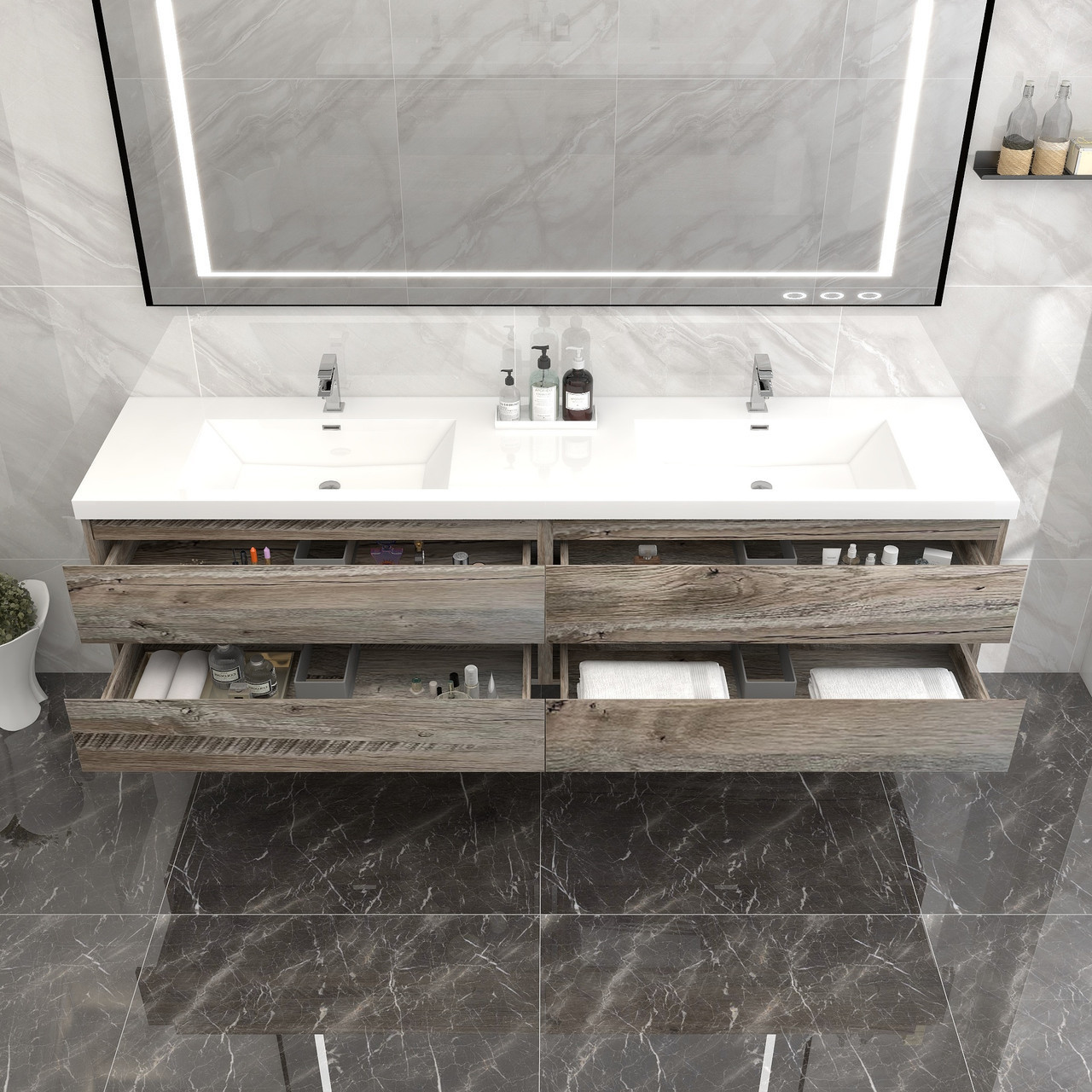 BOW 84" FLOATING BATHROOM VANITY WITH REINFORCED ACRYLIC DOUBLE SINK ...