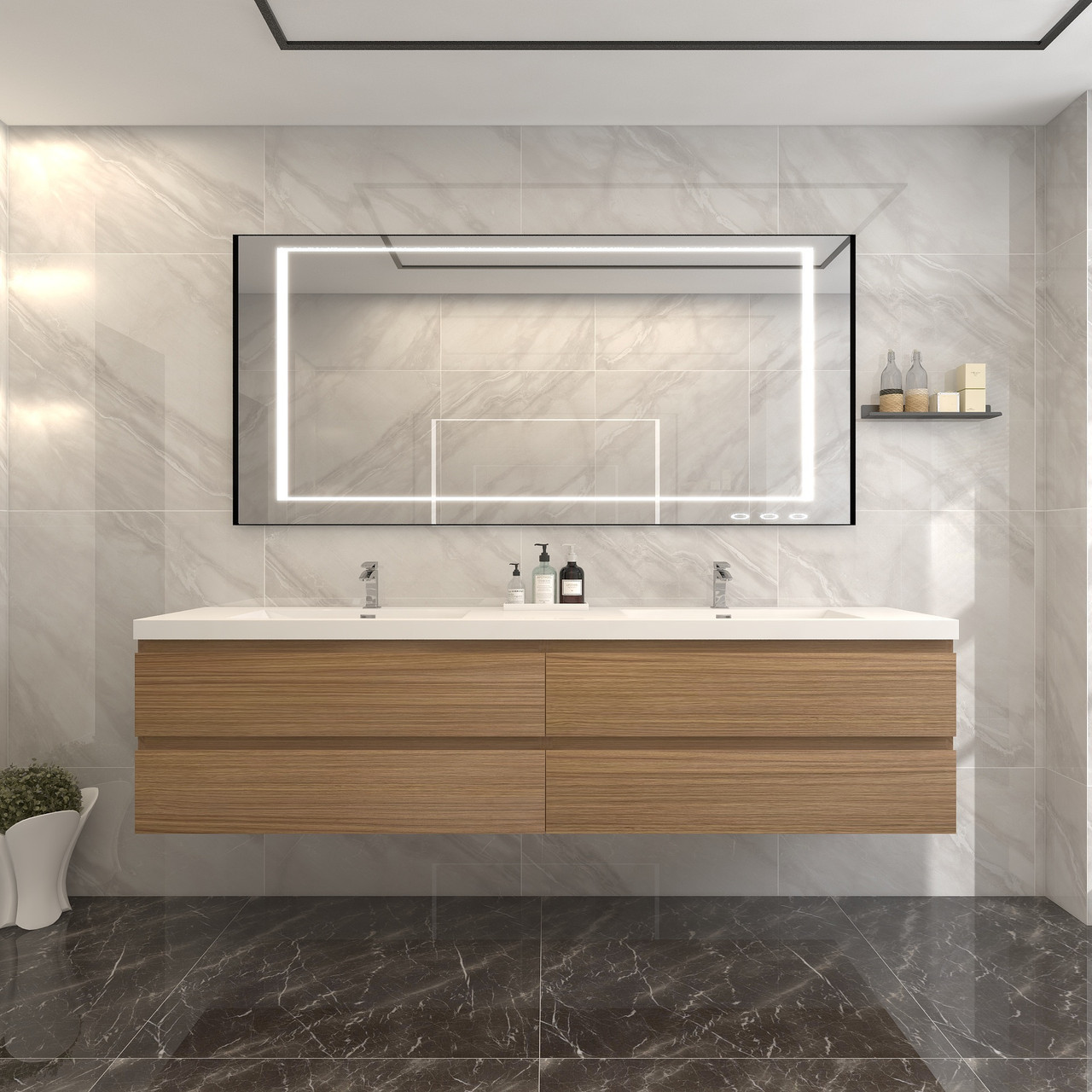 BOW 84" FLOATING BATHROOM VANITY WITH REINFORCED ACRYLIC DOUBLE SINK ...