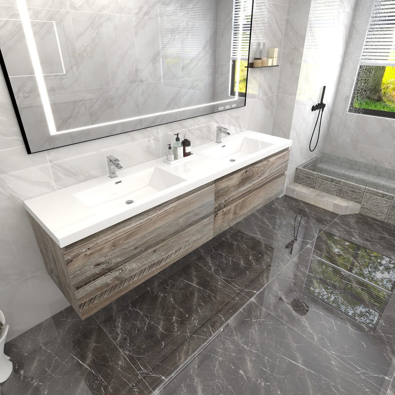 BOW 84" FLOATING BATHROOM VANITY WITH REINFORCED ACRYLIC DOUBLE SINK ...