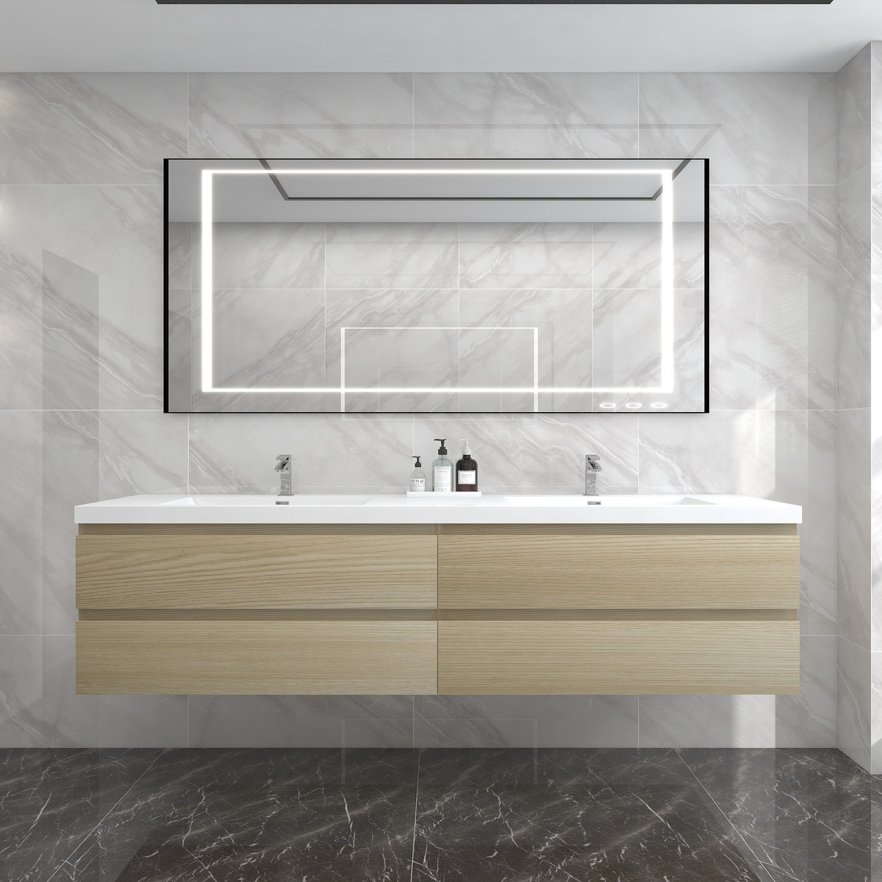 BOW 84" FLOATING BATHROOM VANITY WITH REINFORCED ACRYLIC DOUBLE SINK ...