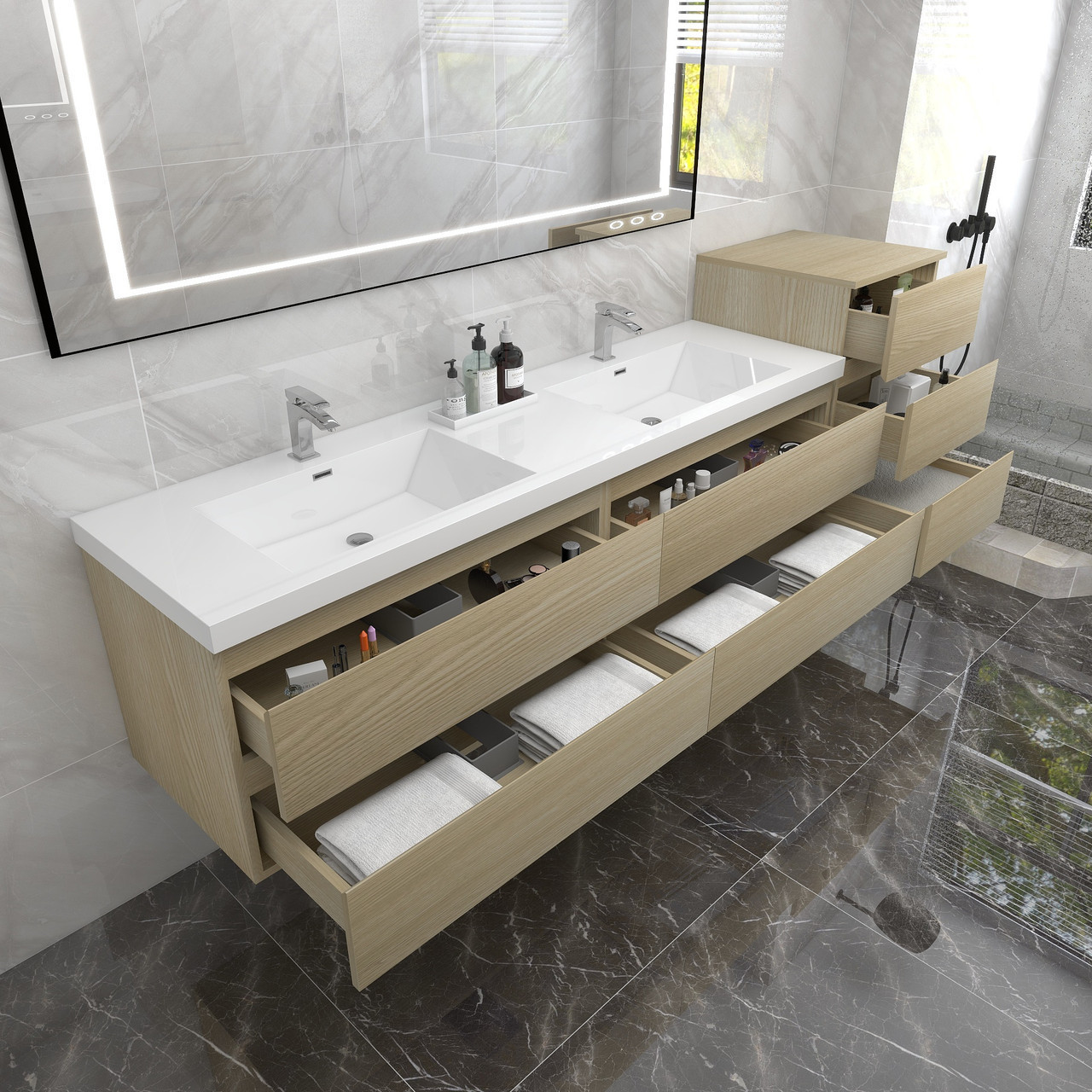 BOW 92" FLOATING BATHROOM VANITY WITH REINFORCED ACRYLIC DOUBLE SINKS W ...