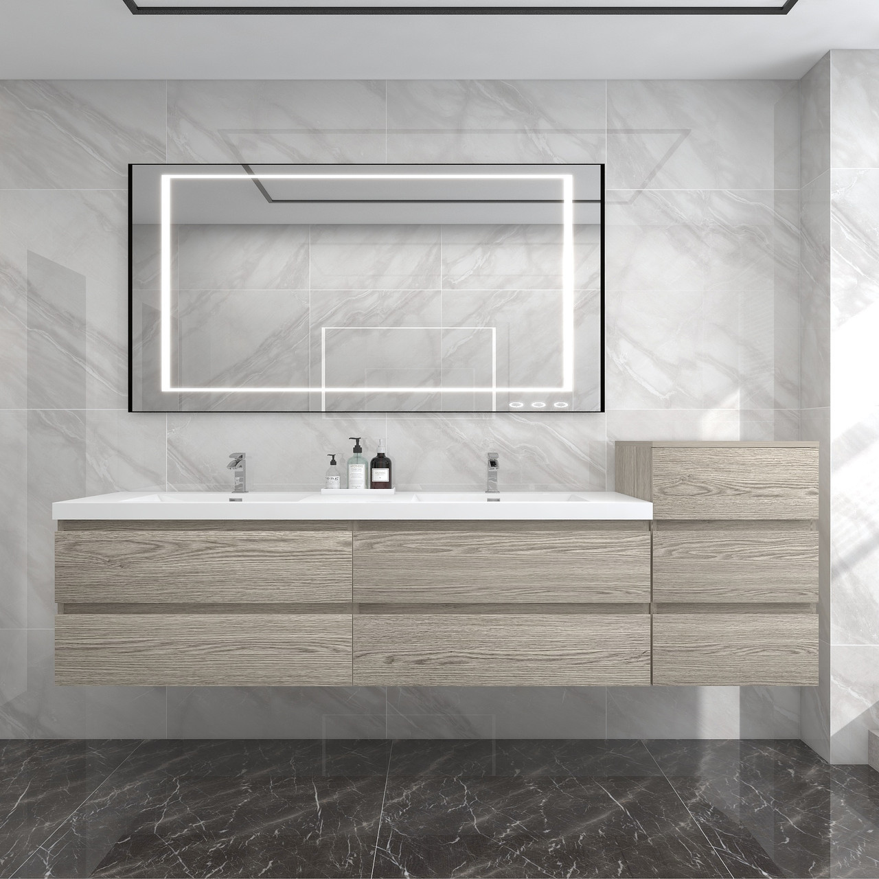 BOW 92" FLOATING BATHROOM VANITY WITH REINFORCED ACRYLIC DOUBLE SINKS W ...
