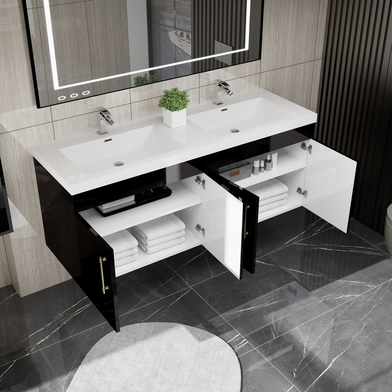 Elsa 60” Floating Double Vanity With Royal White Reinforced Acrylic ...