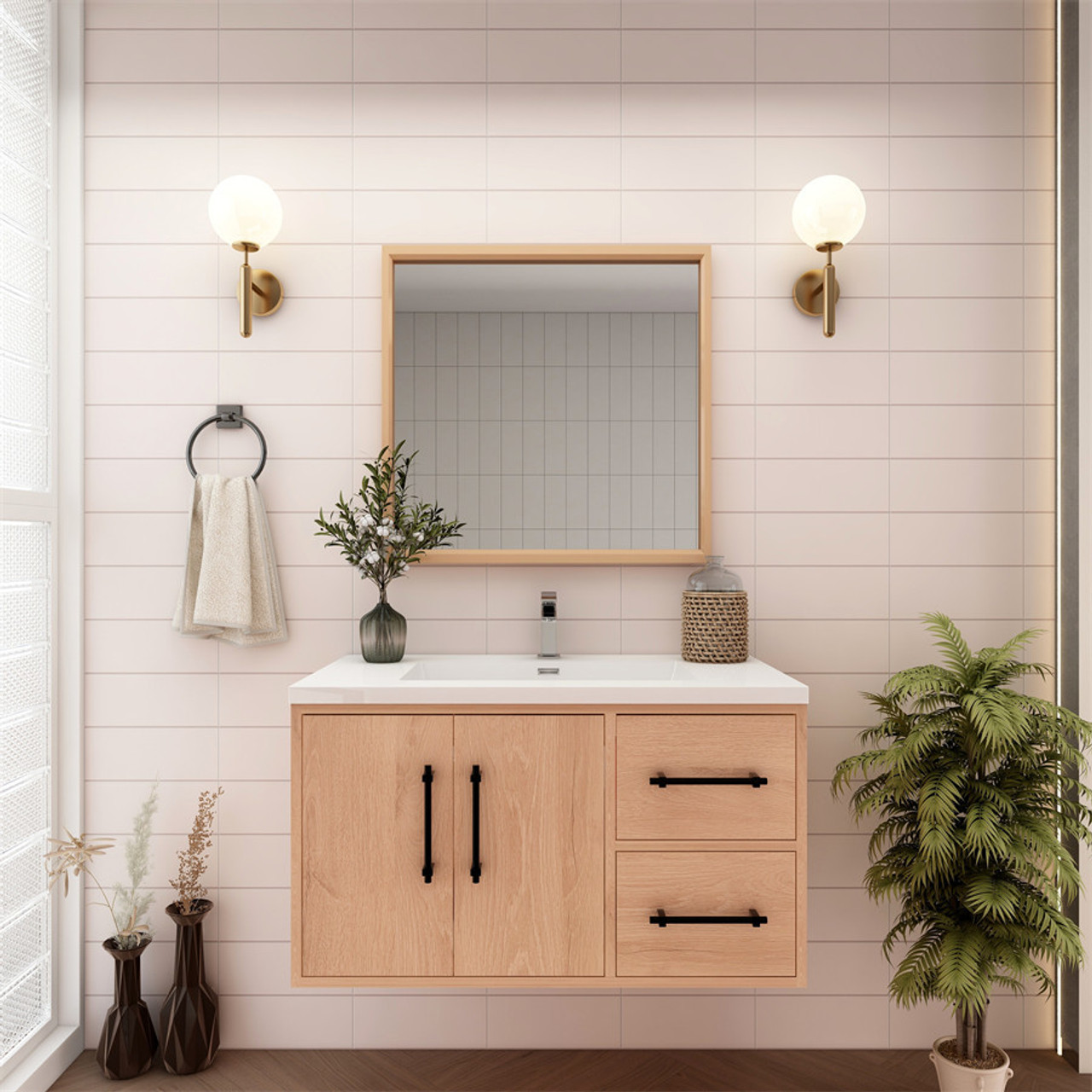 Victoria 36 Solid Wood Floating Bathroom Vanity with Reinforced Acrylic Sink Right Side Drawers