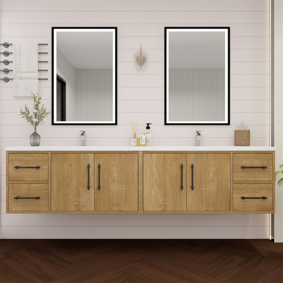 Victoria 84" Solid Wood Floating Bathroom Vanity with Reinforced Acrylic Double Sink in Oak ...