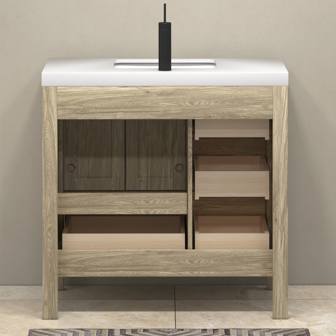 VIV 36" Solid Wood Freestanding Bathroom Vanity in Oak with Reinforced Acrylic Sink | Moreno ...