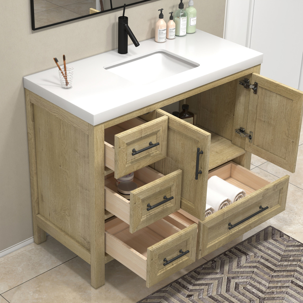 VIV 42" Solid Wood Freestanding Bathroom Vanity in Oak with Reinforced ...