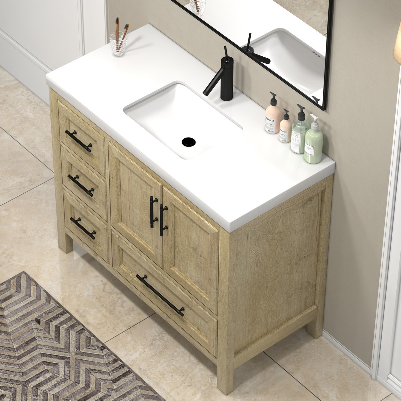 VIV 42" Solid Wood Freestanding Bathroom Vanity in Oak with Reinforced ...