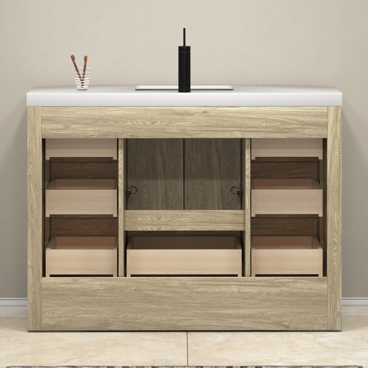 VIV 48" Solid Wood Freestanding Bathroom Vanity in Oak with Reinforced ...