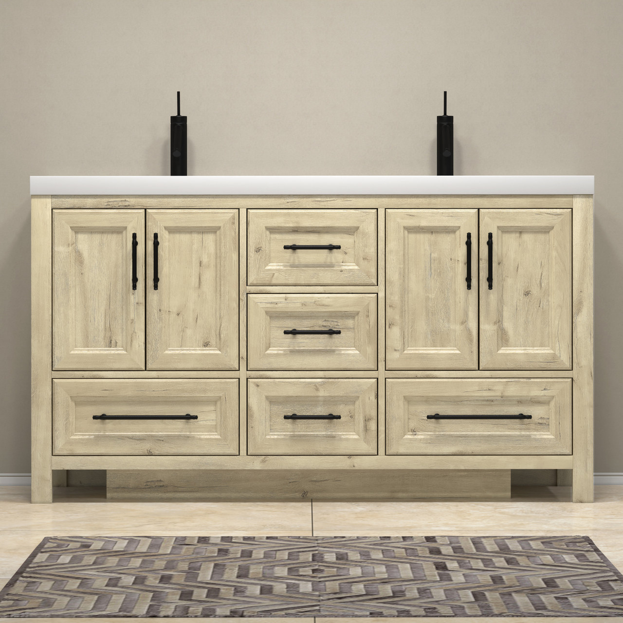 VIV 60" Solid Wood Freestanding Bathroom Vanity in Oak with Reinforced ...
