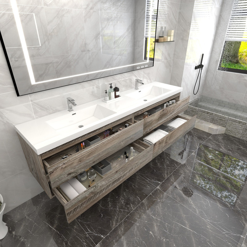 BOW 84" FLOATING BATHROOM VANITY WITH REINFORCED ACRYLIC DOUBLE SINK ...