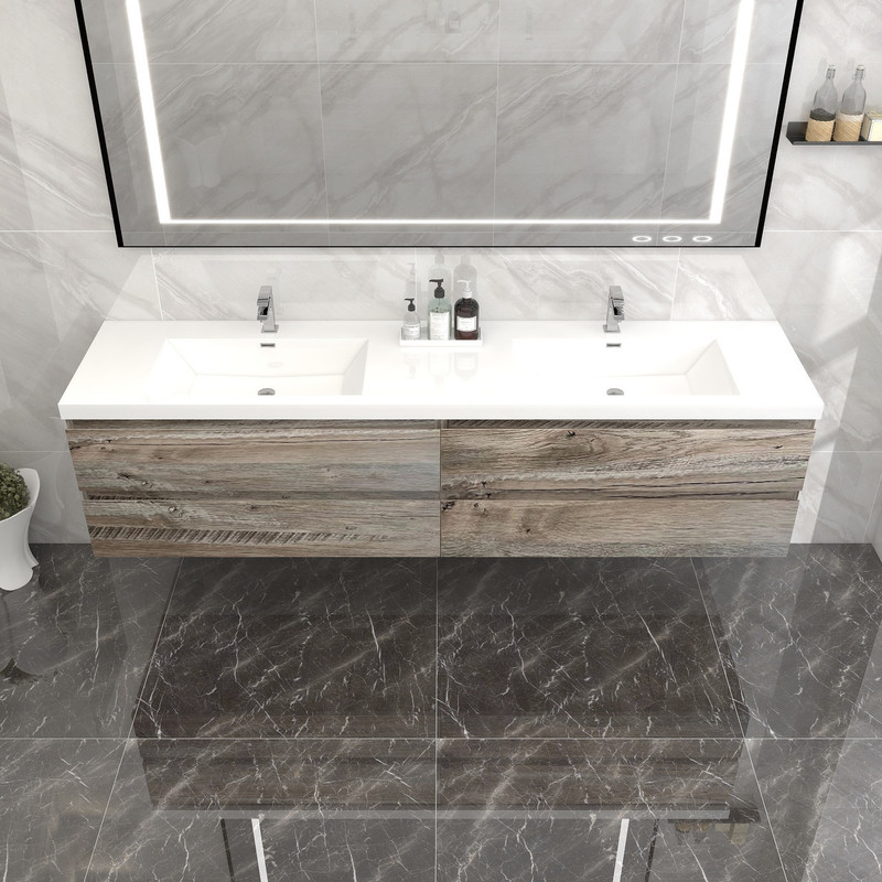 BOW 84" FLOATING BATHROOM VANITY WITH REINFORCED ACRYLIC DOUBLE SINK ...