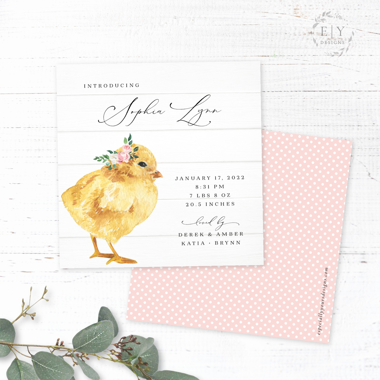 Chick and Spring Flowers Birth Announcement - Especially Yours Designs