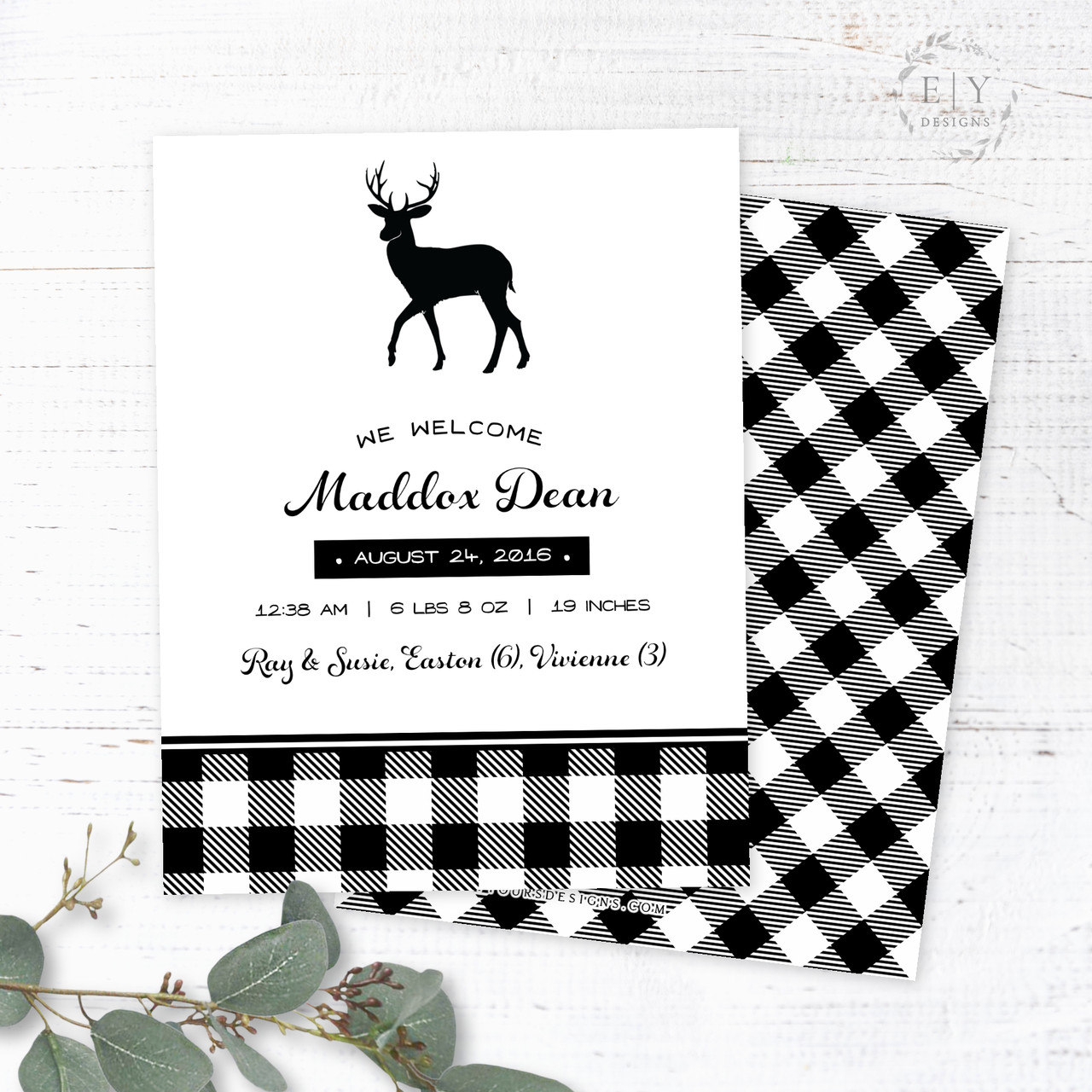 Black & White Buffalo Check Deer Birth Announcement - Especially Yours ...