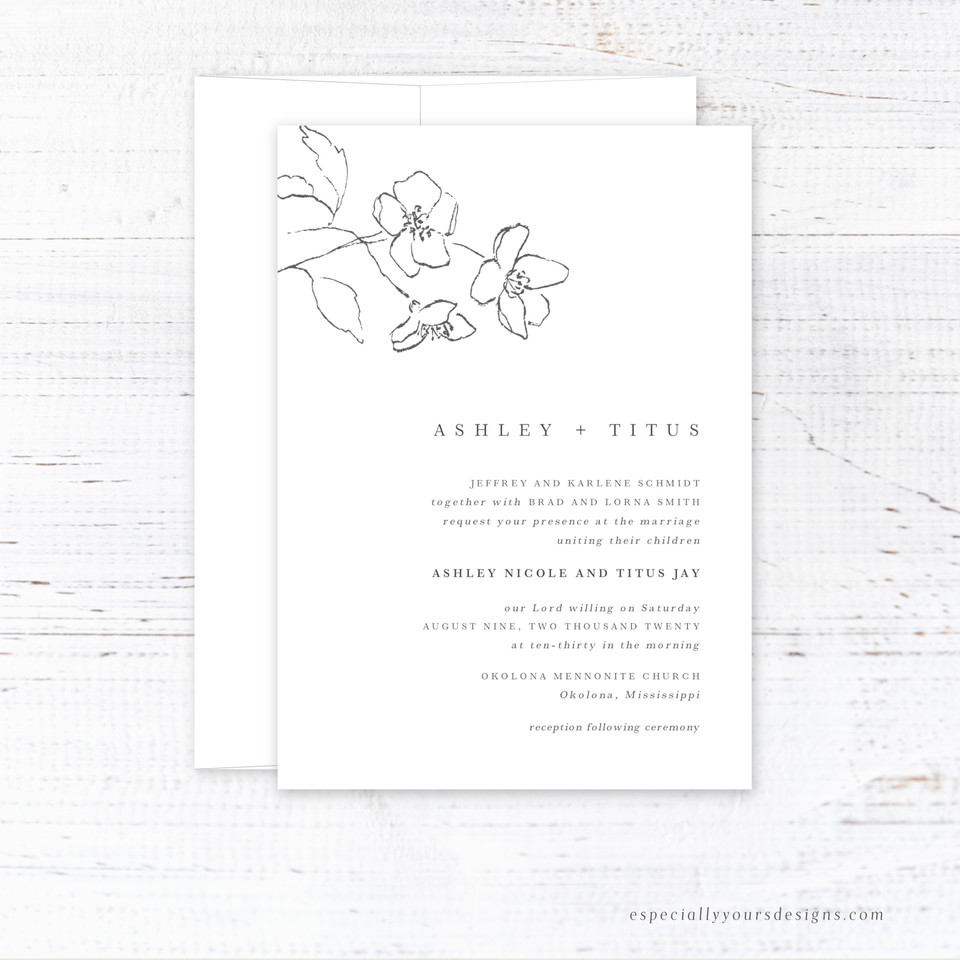 Floral Pencil Sketch Wedding Invitation - Especially Yours Designs
