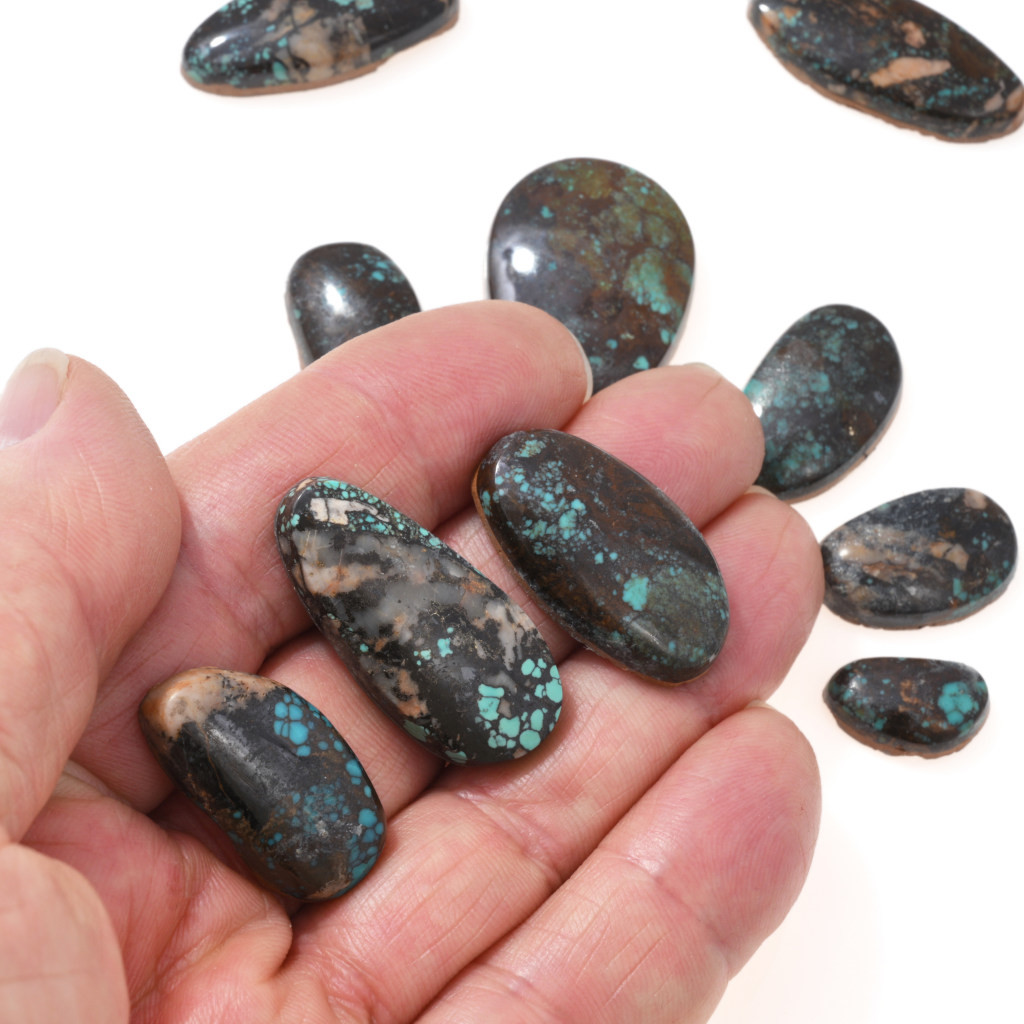 Real Bisbee Turquoise Cabochons Squash Blossom Jewelry Set 20 Stones 37966