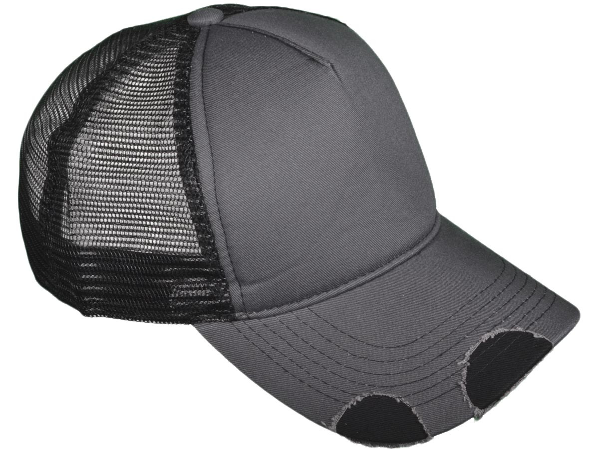 Wholesale BK Caps Distressed Cotton Twill/Mesh Trucker Hats (Black/Khaki)