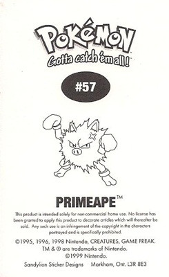 Pokemon Primeape Sandylion Sticker Card