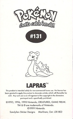Pokemon Lapras Sandylion Sticker Card