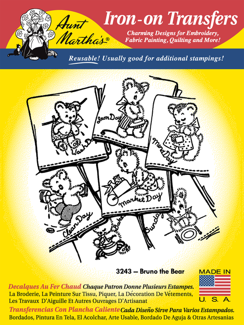 Aunt Martha’s® #3243 Bruno the Bear Embroidery Transfer Pattern – Days ...