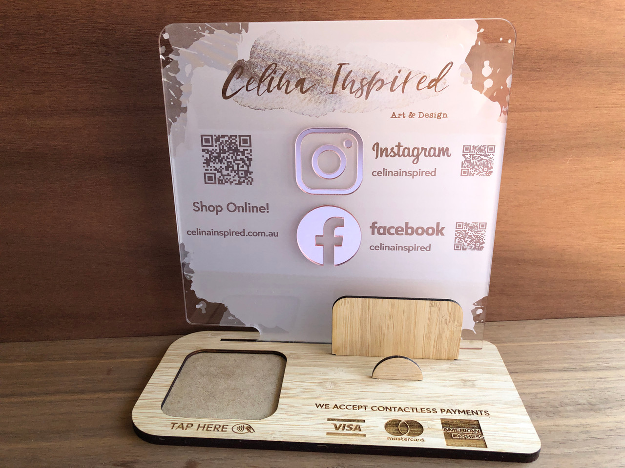 Social Media & Square Reader Holder Stand (Acrylic & Wood) - Personalisable