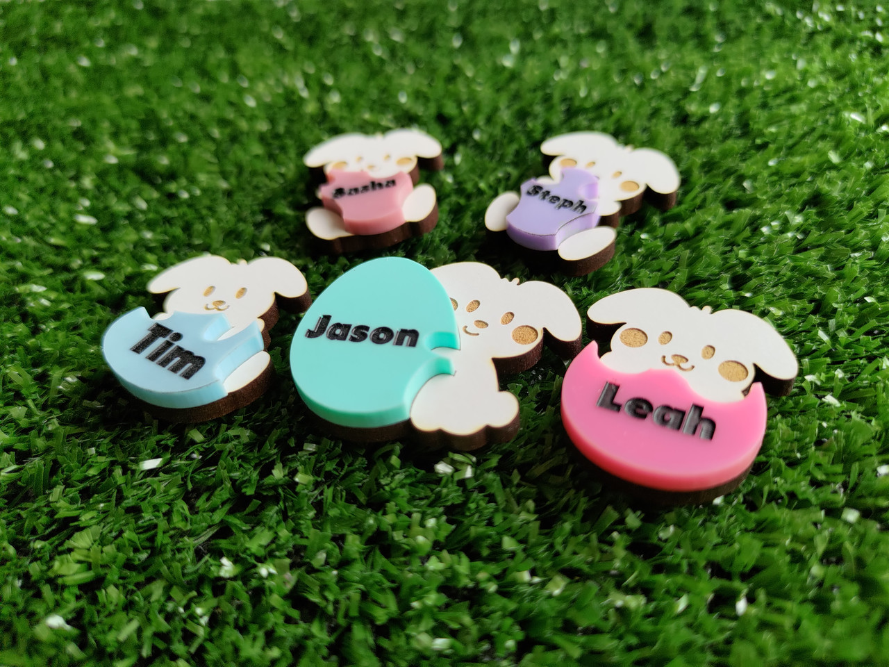 Cute Bunny & Egg Name tag (Wood & Acrylic) - Personalisable