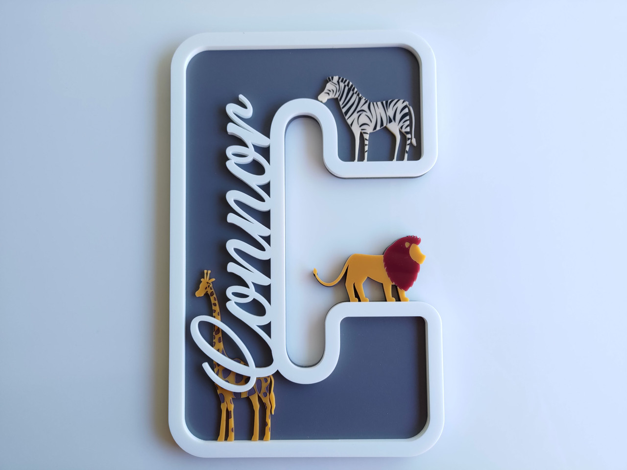 Baby's Initial Name Sign - Safari Animal Themed (Wood & Acrylic ...