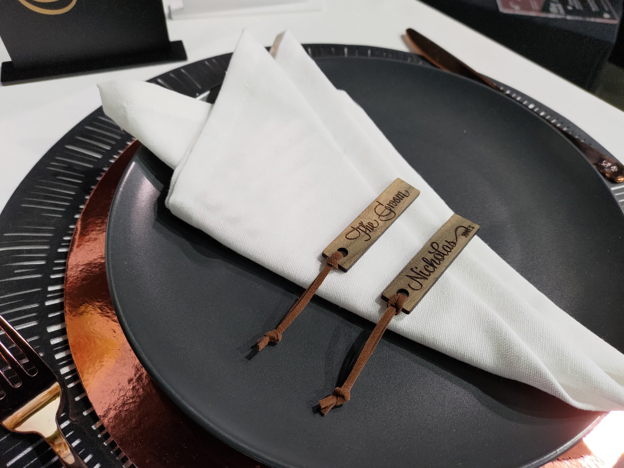 Laser Engraved Rectangular Name Place Cards With Leather Strap (Wood)