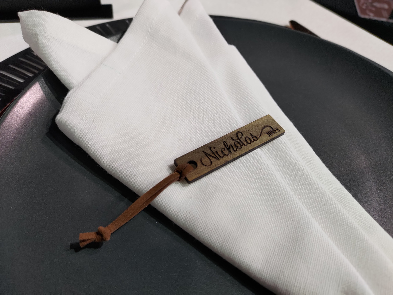 Laser Engraved Rectangular Name Place Cards With Leather Strap (Wood)