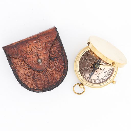 Compass W/ Hinged Lid & Embossed Leather Case, Brass