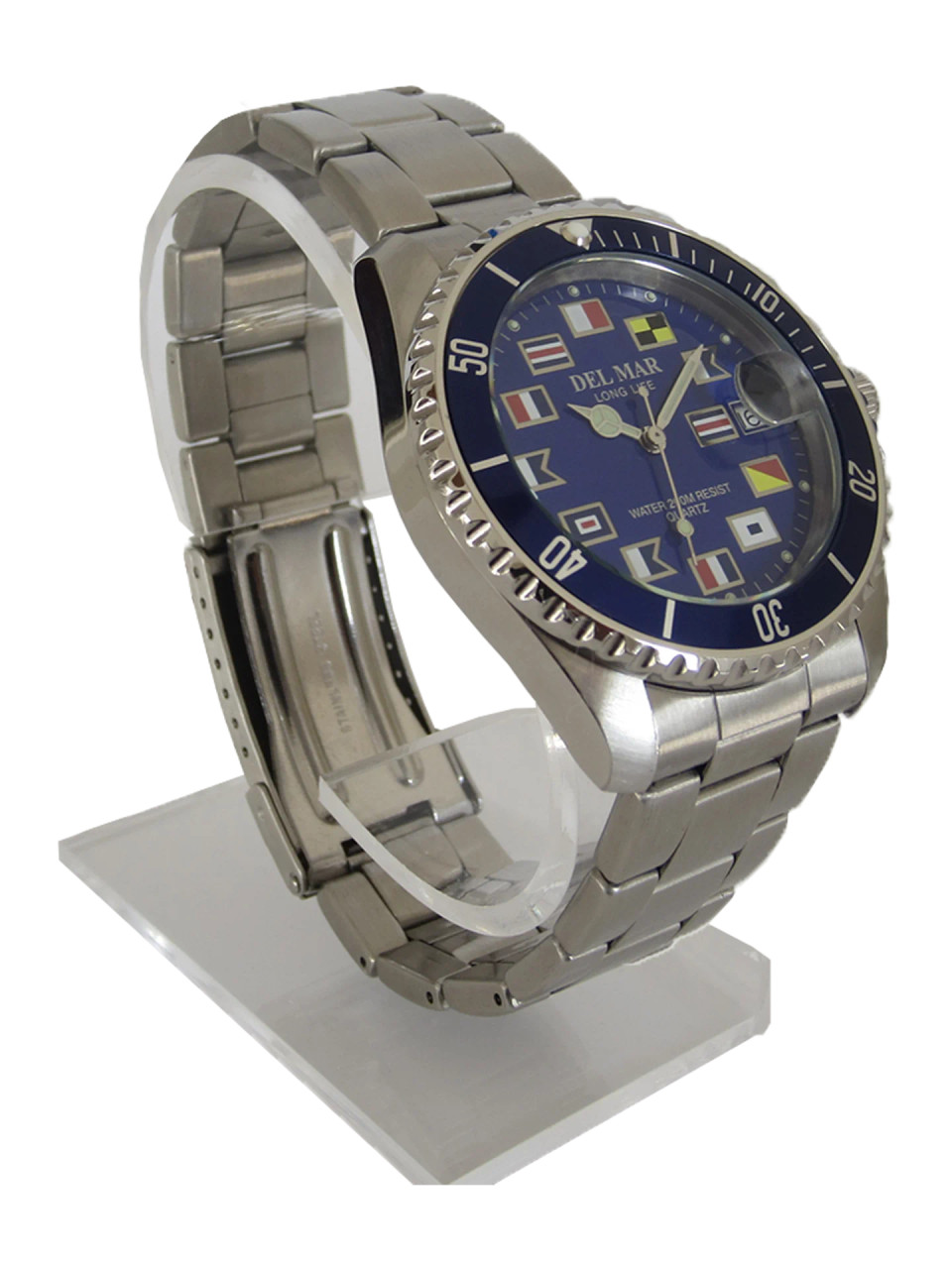Men's Long Life Nautical 43mm Blue Face - Bezel SS Band Watch