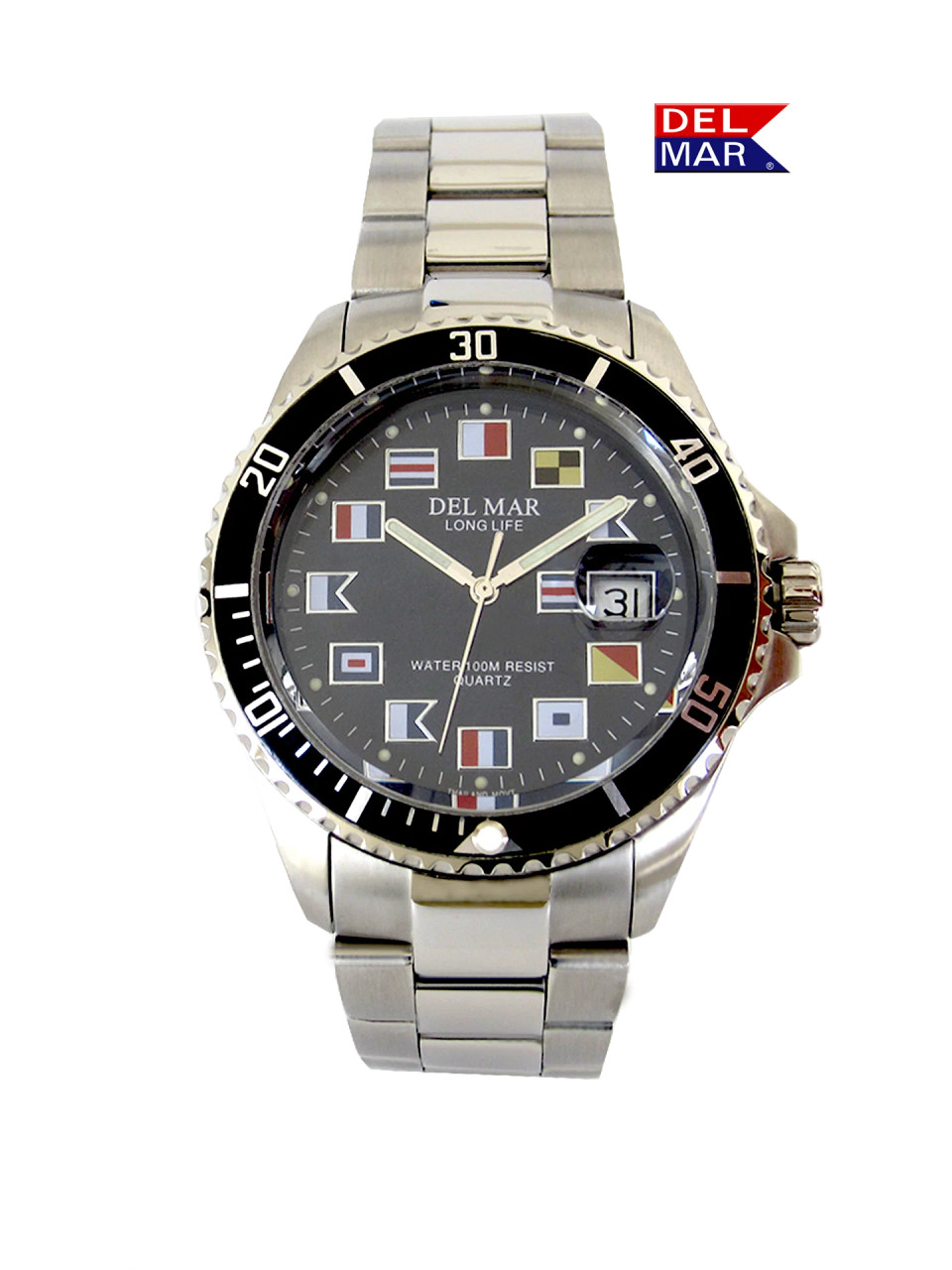 Men's Long Life Nautical Black Face & Bezel SS Band Watch