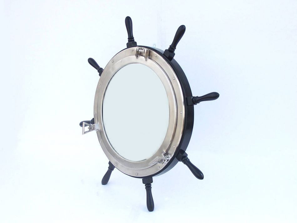 Deluxe Wood and Brushed Nickel Ship Wheel Porthole Mirror 36"