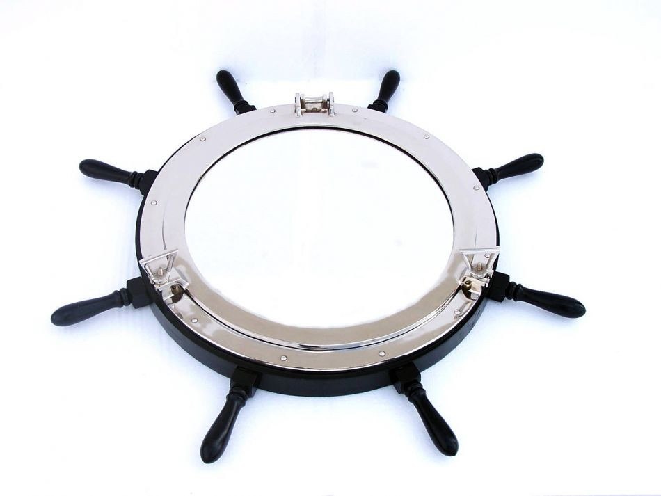 Deluxe Wood and Chrome Ship Wheel Porthole Mirror 36"
