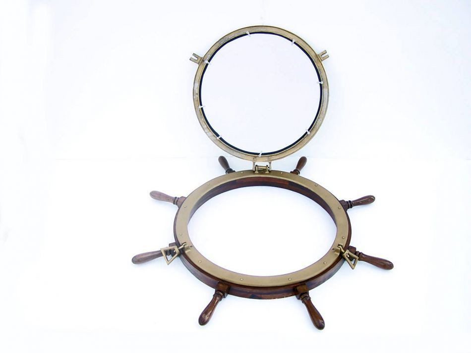 Deluxe Wood and Antique Brass Ship Wheel Porthole Mirror 36"