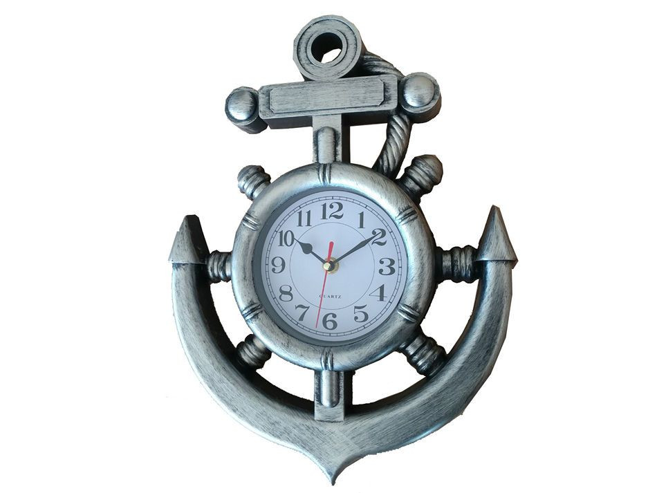 Silver Ship Wheel and Anchor Wall Clock - 15"