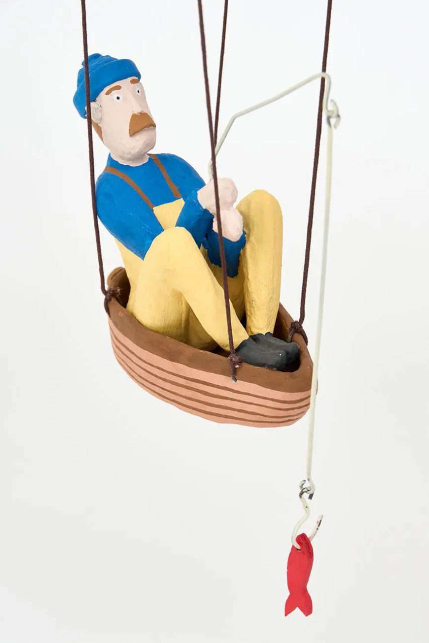 Fisherman In Hot Air Balloon - Paper Mache - 15.75"