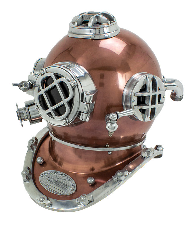 Mark V Diving Helmet with Wooden Base - Antique Finish -18"